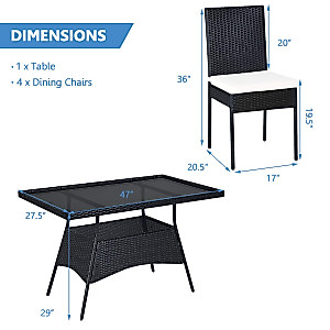 HAPPYGRILL 5-Piece Patio Dining Set Rattan Wicker Table Chairs Set with Cushions & Tempered Glass Table Top, Patio Furniture Outdoor Dining Set for Garden Poolside