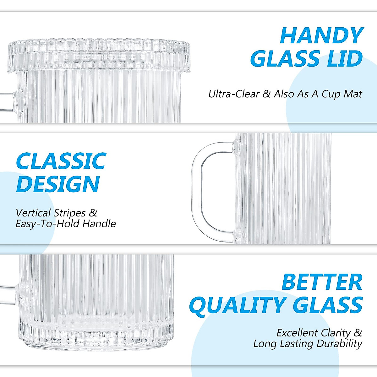 2 Pieces Clear Glass Coffee Mugs with Glass Lids Vintage Vertical Stripes Tea Mug Classic Ribbed Glasses with Handles Clear Coffee Cups for Espresso Latte Anniversary Xmas 14 oz (Clear)