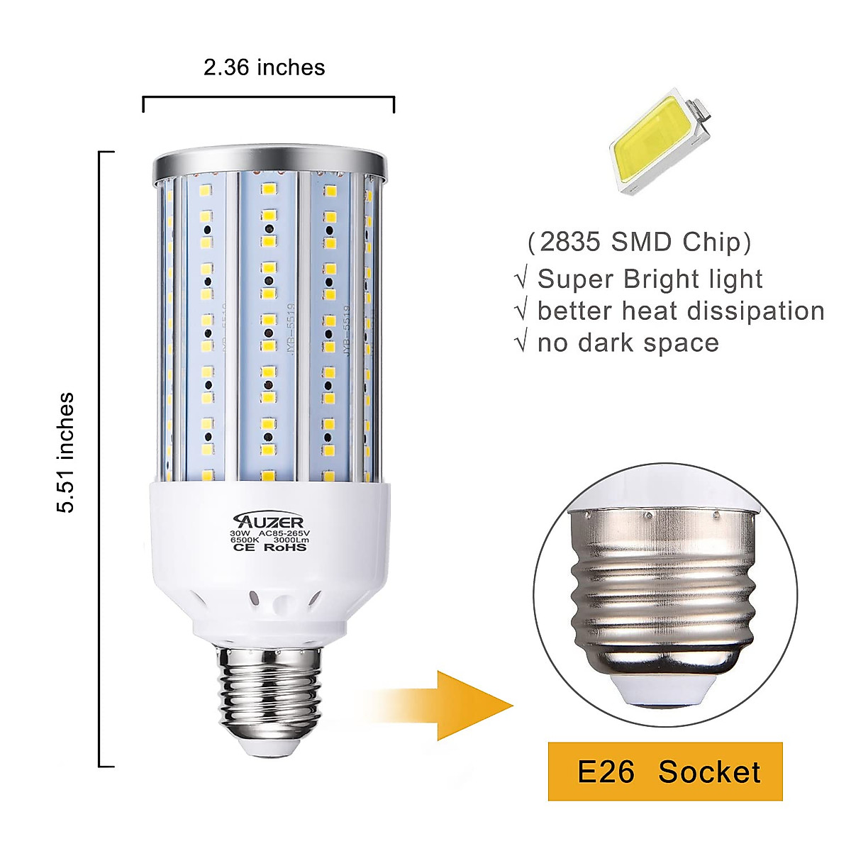 Auzer 2-Pack 30W (200W Equivalent), E26 Standard Base LED Corn Light Bulb for Garage Factory Warehouse Street Lamp Post Lighting Barn Porch Backyard Garden, 6500K Daylight, 85V-265V
