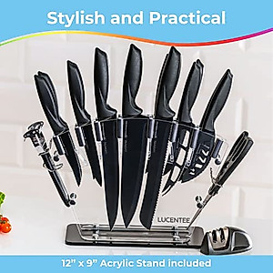 17pc Kitchen Knife Set, Kitchen Gadgets with Steak Knives, Knives Set for Kitchen, Chef Knife Set, Black Knife Set, Ultra-Sharp Ergonomic Steak Knife Set with Scissors, Peeler and Knife Sharpener