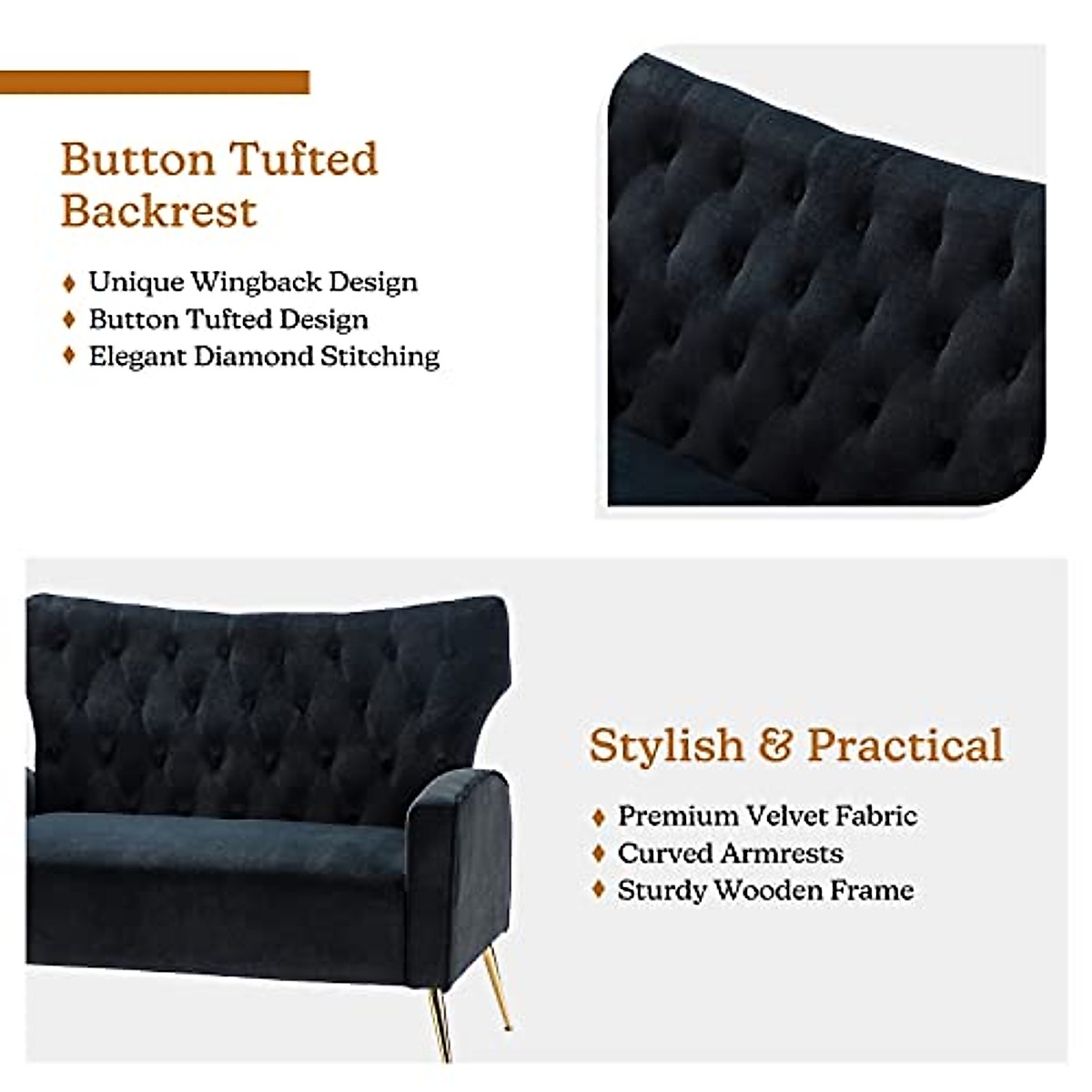 HULALA HOME Velvet Loveseat Sofa with Wingback & Gold Legs, Modern Button-Tufted 2-Seater Sofa for Living Room Bedroom, Comfy Upholstered Small Love Seat Couch, Black