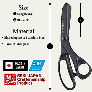 ALLEX Cardboard Scissors Heavy Duty [Non-Stick] 8" Large Craft Scissors, Japanese Stainless Steel Blade, Black, Made in JAPAN