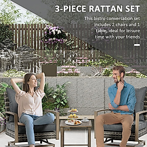 Outsunny 3-Piece Patio Wicker Bistro Set with Cushions, Aluminum Frame Outdoor PE Rattan Conversation Furniture with 2 Rocking Chairs, Slat Top Coffee Table for Porch, Backyard, Garden, Dark Gray