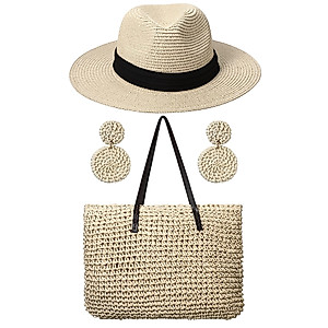 Straw Large Beach Bag for Women's Woven Beach Bag and Beach Hats Set Beach Earring Handmade Shoulder Bag Handbag Bohemia Set(Beige)