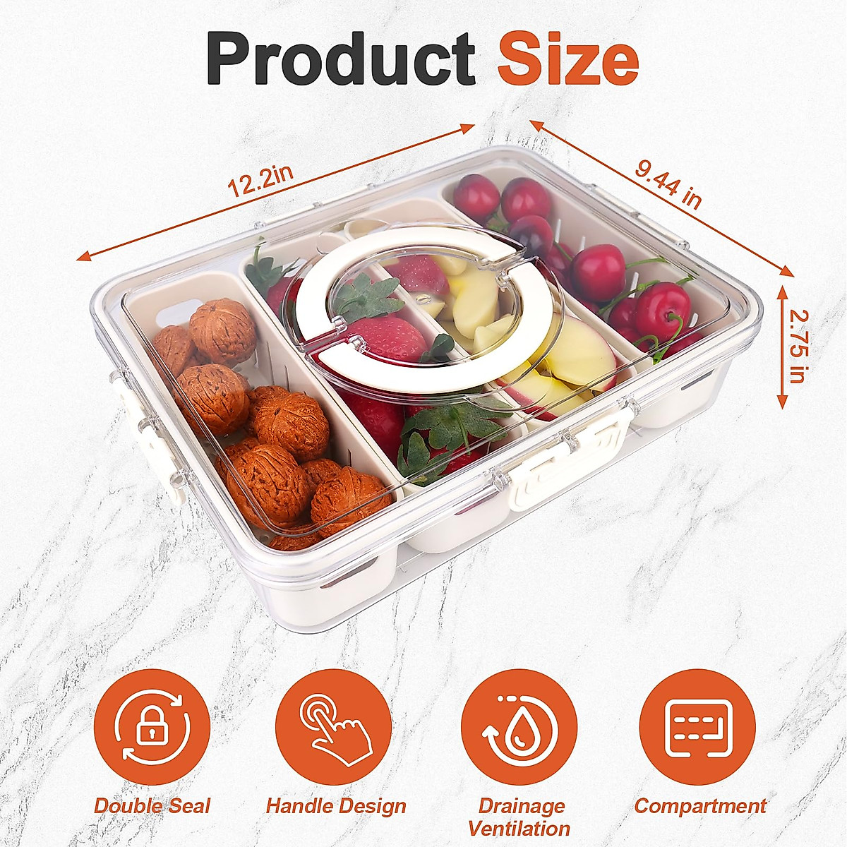Edovagixa Veggie Tray Snackle Box Container: 4 Compartment Divided Serving Tray with Lid & Handle - Airtight Food Friut Snacks Storage Containers,Snack Box Candy Organizer for Picnic Travel Party