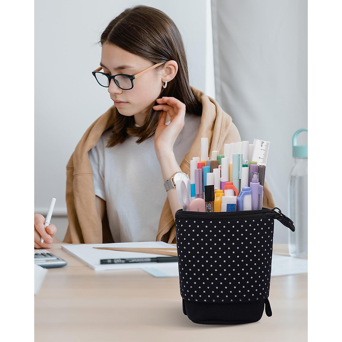 Sooez Pop Up Pencil Case, Cute Stand Up Pencil Case, Durable Pen Pouch, Telescopic Pencil Holder Case, Kawaii Standing Pencil Case, Spacious Pencil Pouch Portable Pencil Bag for School Office (Black)