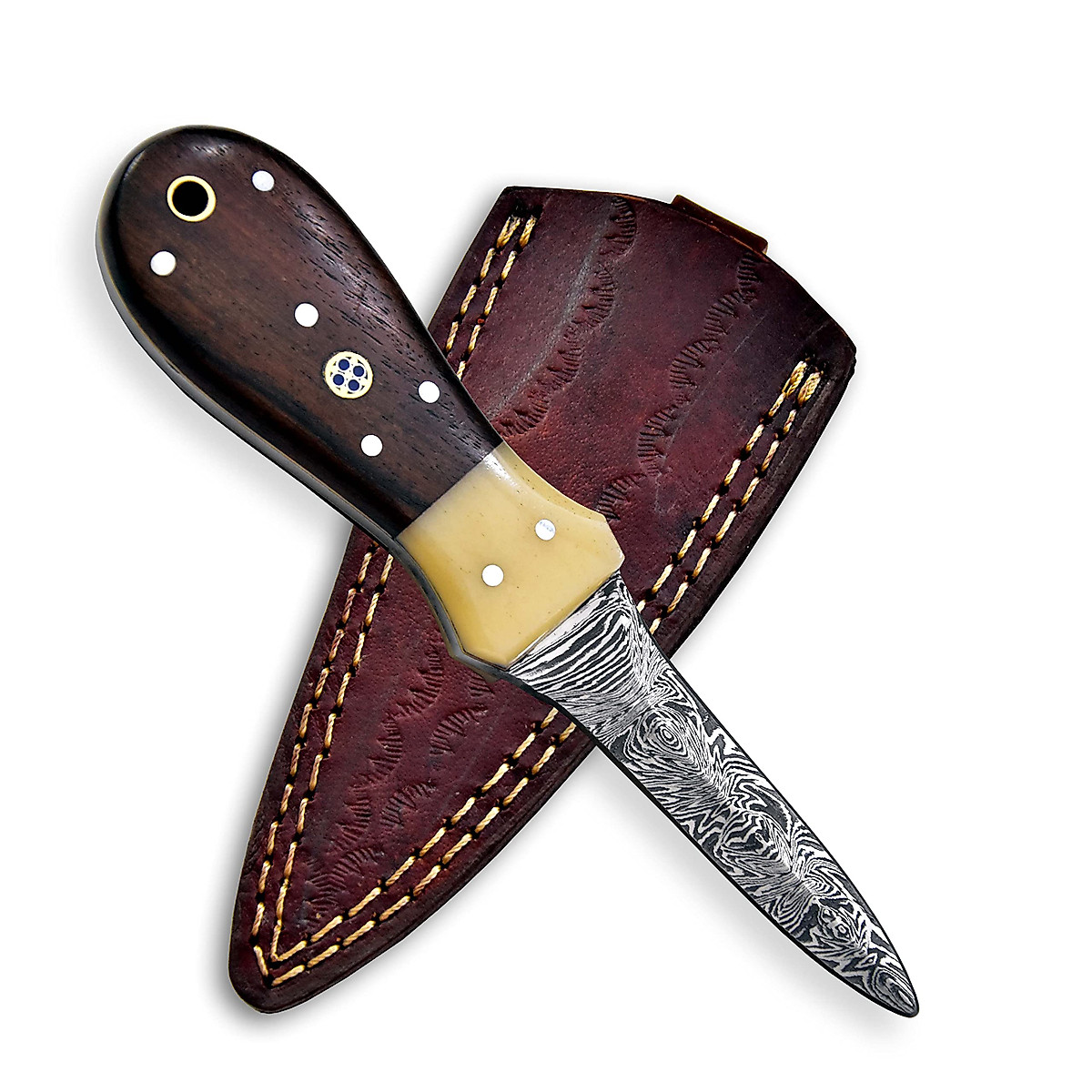 Oyster Shucker Knife Oyster Knife Damascus Steel Camel Bone & Walnut Handle Leather Sheath Seafood Opener Kit Tool Non Slip Handle (Walnut Handle)