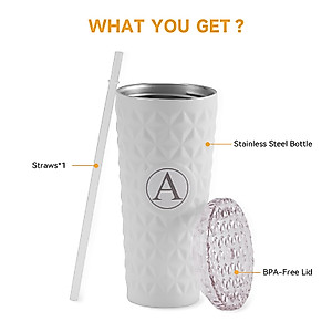 MEFELAY Initial Tumbler with Lid and Straw, 24oz Initial Stainless Steel Insulated Cup, travel coffee mug, Personalized Christmas Birthday Gifts for Women(letter M)