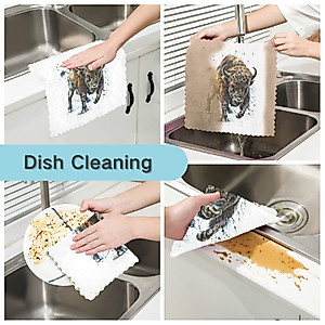 Watercolor Angry Buffalo, Bison, Bull, Wild Animal Paint on White Pack of 6 Pcs Kitchen Dish Towels, Absorbent Soft Dishcloths for Bar cafe Car Table Chair Window Washable Towels 11 x 11 inches