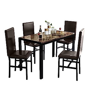 DKLGG Marble Dining Table Set for 4, 5-Piece Faux Marble Kitchen Table and Chairs for 4, Space Saving Dining Room Table Set w/4 Upholstered PU Leather Chairs, Ideal for Dining Room, Kitchen, Corner
