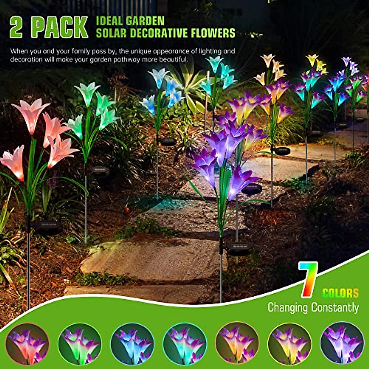 mimigogo Solar Garden Stake Lights,2 Pack Outdoor Waterproof Solar Powered Lights with 8 Lily Flowers, 7 Colors Changing LED Solar Lights for Garden, Patio, Backyard(Purple and White)