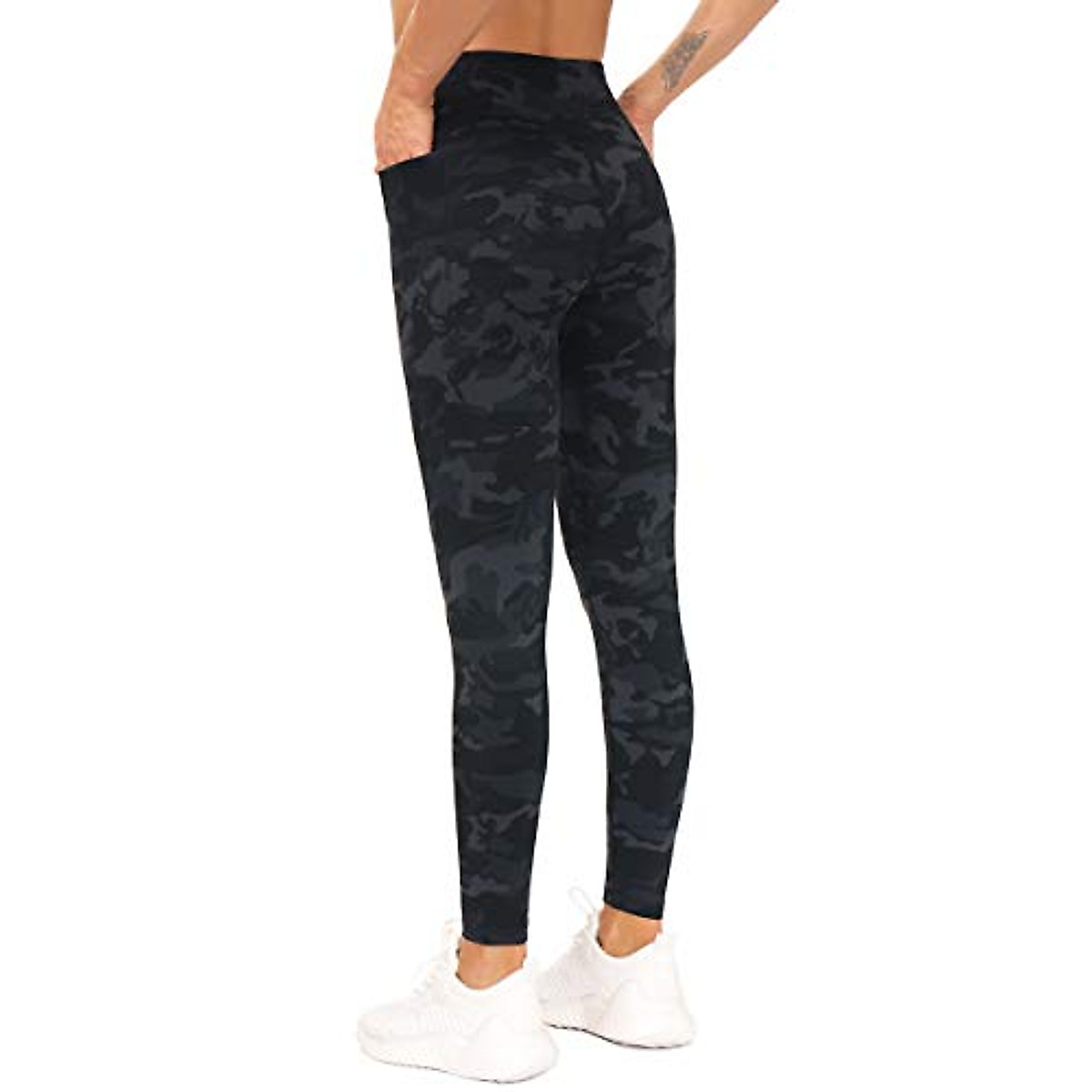 THE GYM PEOPLE Tummy Control Workout Leggings with Pockets High Waist Athletic Yoga Pants for Women Running, Fitness (BlackGrey Camo, Large)