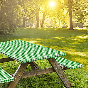 Picnic Table and Bench Fitted Tablecloth Cover, 3 Pack Set, KENOBEE Flannel Backing Elastic Edge Waterproof Wipeable Plastic Cover Fitted Vinyl Tablecloth for Home Goods Outdoor Patio,Green-White