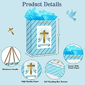 FLYAB First Holy Communion Gift Bag for Girls Boys 11.5" Easter Religious Cross Christian Gift Bag with Tissue Paper Baptism Gift Bag with Handle Christenings Confirmations Gifts for Baby Boys Girls