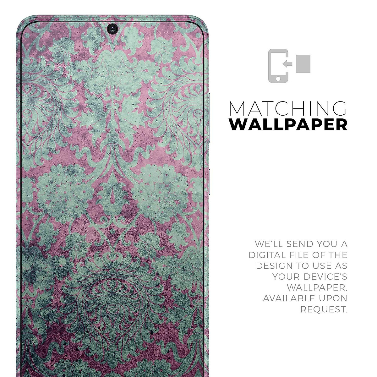 DesignSkinz Grungy Teal and Pink Damask Pattern Protective Vinyl Decal Wrap Skin Cover Compatible with The Samsung Galaxy S20 (Screen Trim & Back Glass Skin)