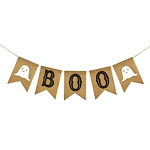 jijAcraft BOO Halloween Banner, Burlap Halloween Bunting Banner with BOO and Ghost, Happy Halloween Decorations Banner for Indoor Fireplace Wall Porch and Outdoor Halloween Party Decoration