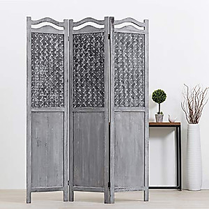 MyGift Vintage Gray Woven 3 Panel Room Divider Screen with Wooden Frame, Privacy Folding Screen Room Divider