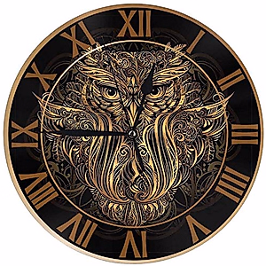 Tenghui Hand Drawn Boho Totemic and Mascot Owl Round Wall Clock Silent Non Ticking Battery Operated Easy to Read for Student Office School Home Decorative Clock Art