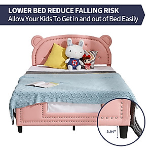 PUREMIND Twin Bed Frame for Kid, Girl Pink Children Platform Bed, Kid Bed Frame with Bear Shaped Headboard, Faux Leather Upholstered, Rivet Decoration, Wood Slats, No Box Spring Needed-Bear Twin