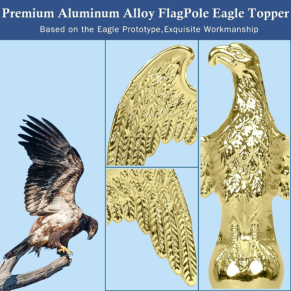NQ Gold Flag Pole Eagle Topper Ornament, Aluminum Alloy Eagle Finial for 20'/25'/30' Telescopic/Sectional Flagpole（Gold,7inch）