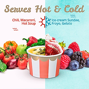 Paper Ice Cream Cups - 50-Count 9-Oz Disposable Dessert Bowls for Hot or Cold Food, 9-Ounce Party Supplies Treat Cups for Sundae, Frozen Yogurt, Soup, 5 Colors Pastel Stripes with Scalloped Gold Foil