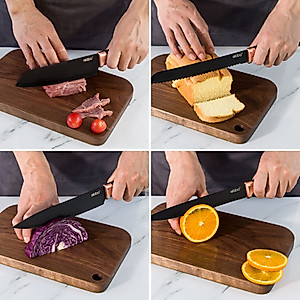 elabo Kitchen Knife Set with Acrylic Stand - 16Pcs Stainless Steel Knives, Rose Gold Handle Includes 6 Sharp Knives, 6 Serrated Steak Knives, Scissors, Peeler, Knife Sharpener with Block