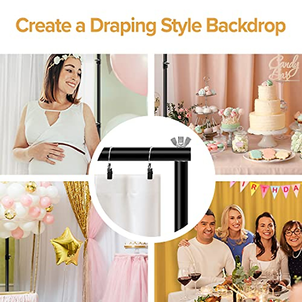 LimoStudio Large Heavy 10 x 9.6 feet Background Support System, Curtain Style Backdrop Stand, Sturdy Frame with 5 pcs Ring Holder Clip for Photography, Party, Family Events, AGG3003