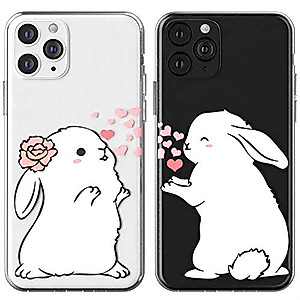 Toik Matching Couple Cases for Apple iPhone 11 Pro Xs Max Xr 10 X 8 Plus 7 6s 5s SE Cover Silicone TPU Flexible White Love Cute Design Print Bunnies Adorable Animal Protective Anniversary Girly
