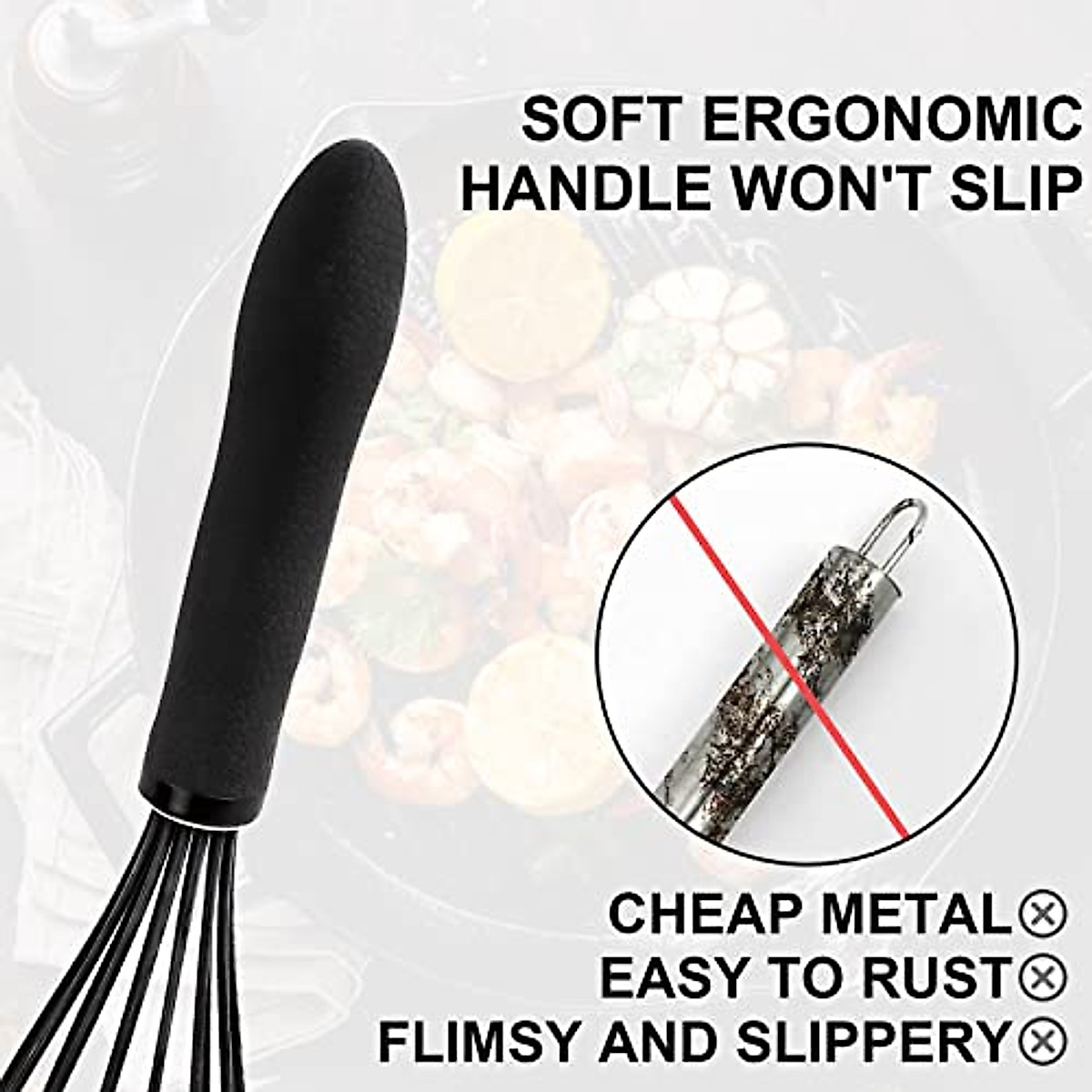 DIGHEIGG Silicone Whisk for Cooking, Wisk Set Egg Beater for Non-Stick Cookware for Whisking, Blending, Beating, Frothing & Stirring Kitchen Decor and Accessories, Black, Set of 2