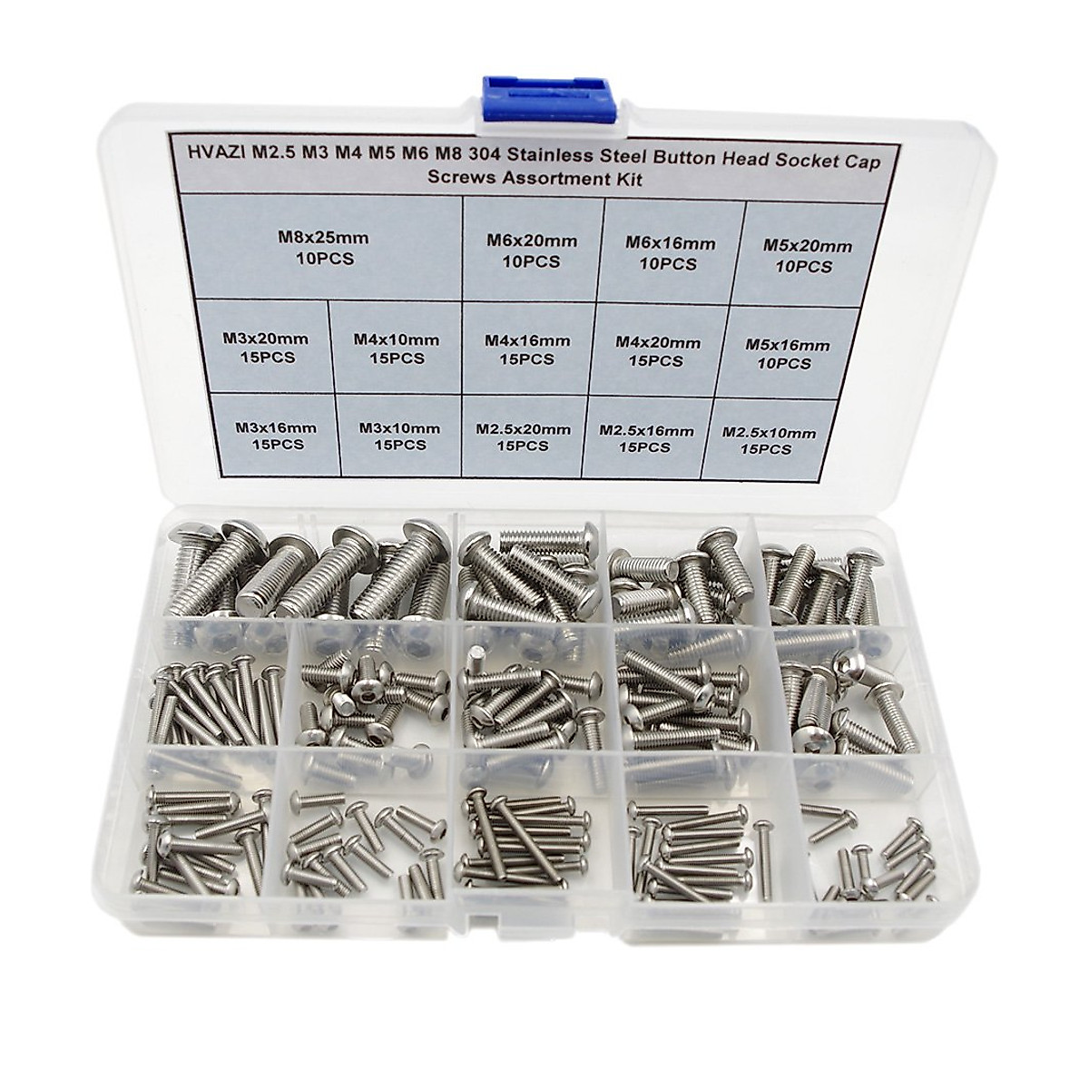 HVAZI Metric M2.5 M3 M4 M5 M6 M8 304 Stainless Steel Button Head Socket Cap Screws Assortment Kit