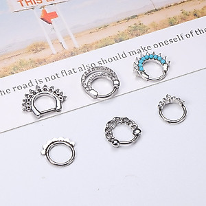 Drperfect 6Pcs 16G Daith Septum Rings 316L Stainless Steel CZ Septum Hoop Nose Ring for Women Men Hinged Segment Clicker Cartilage Helix Earrings Earring Daith Clicker Body Piercing Jewelry