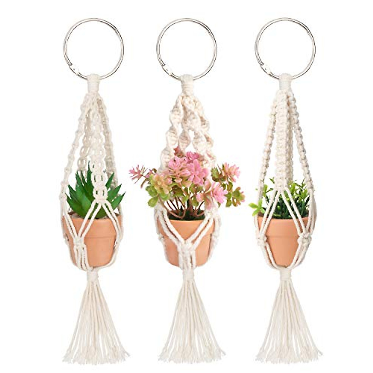 Mini Macrame Plant Hanger with Pot, 3 Pcs Small Hanging Car Plant, Cute Hanging Rearview Mirror Charms, Boho Car Decor, for Plant Lover by MoHern
