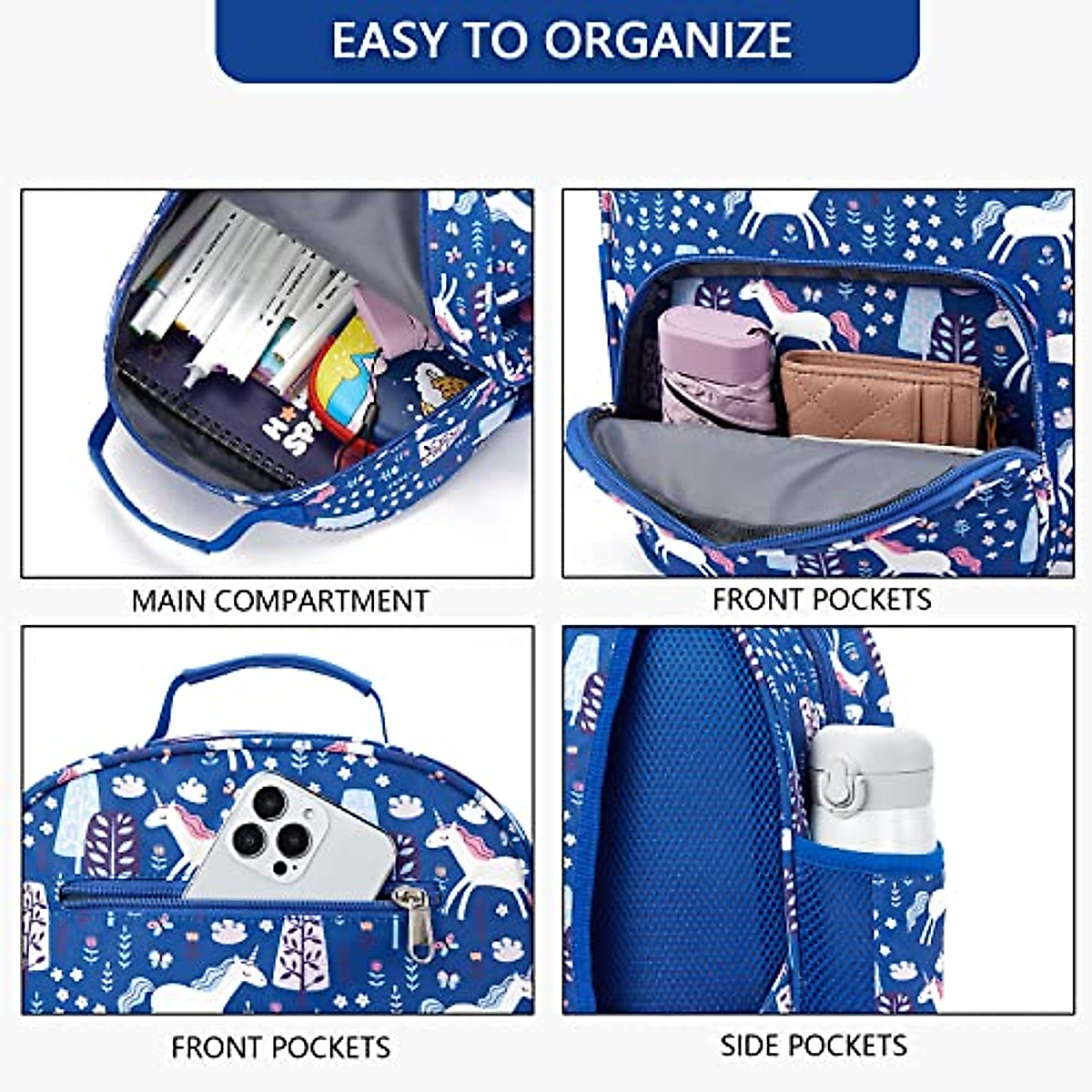 Telena Kids Backpack for Boys Girls, Cute Water Resistant Toddler Preschool Bag with Adjustable Padded Straps, Blue Unicorn