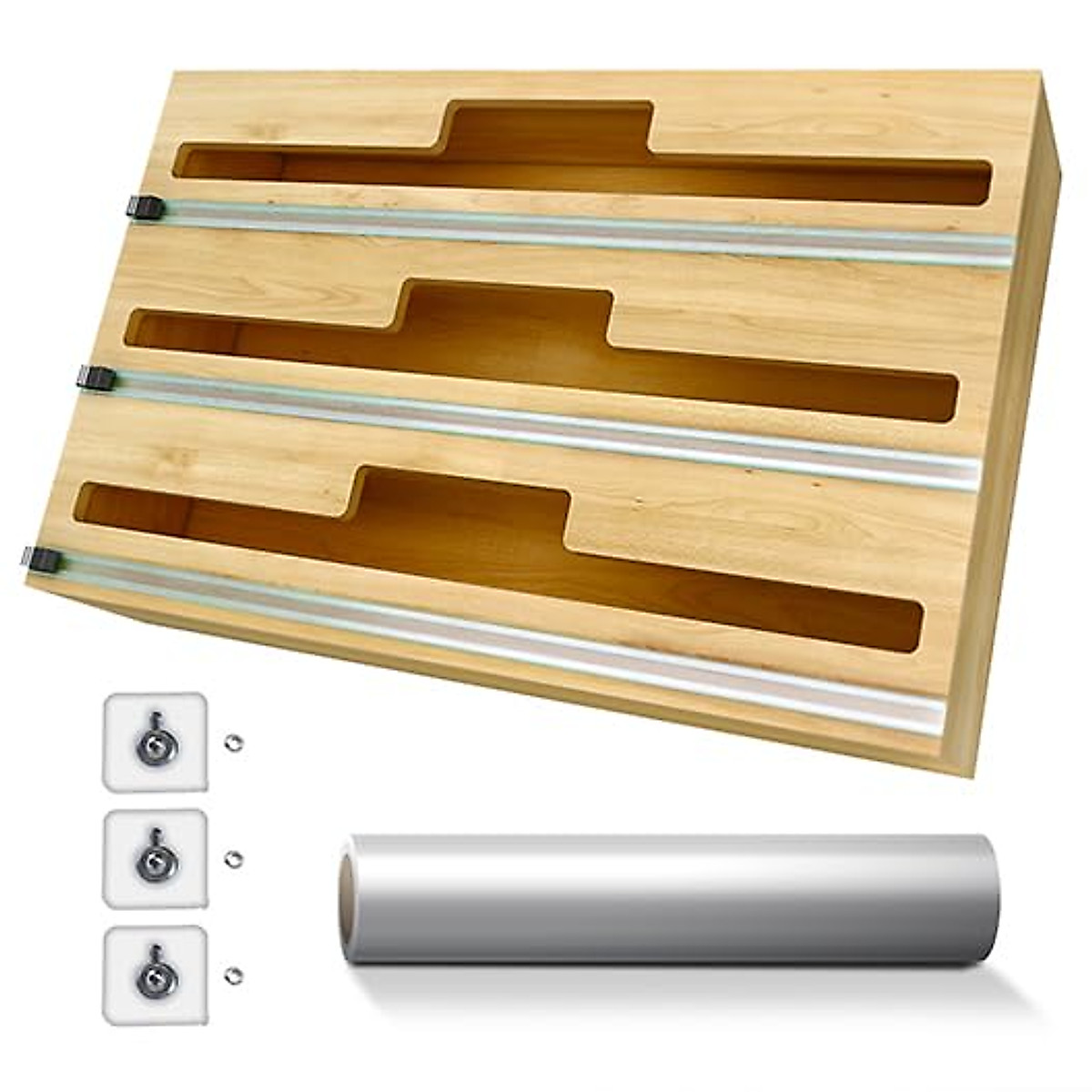 Blithe Goods 3-in-1 Foil and Plastic Wrap Dispenser with Cutter, Bamboo Foil and Plastic Wrap Organizer, 3X Hooks, 1x 12 Cling Sheet Roll - Wrapping Made Easy & Mess Free