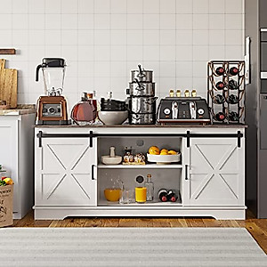 YITAHOME Kitchen Buffet Cabinet, 60“ Farmhouse Sliding Barn Door Coffee Bar Sideboard Buffet Cabinet with Capacity 300 lbs for Home Kitchen Dinning Living Room, Grey White/Grey Wash