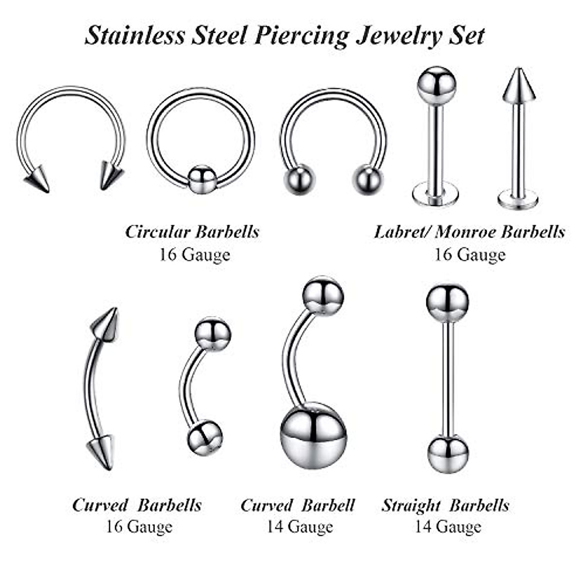 BodyJ4You 36PC PRO Piercing Kit Surgical Steel 14G 16G Belly Ring Tongue Nipple Nose Jewelry