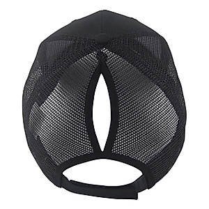 Muryobao Womens Ponytail Baseball Cap Messy High Bun Ponycap Adjustable Snapback Summer Sun Hat Plain Trucker Dad Hat Mesh Black