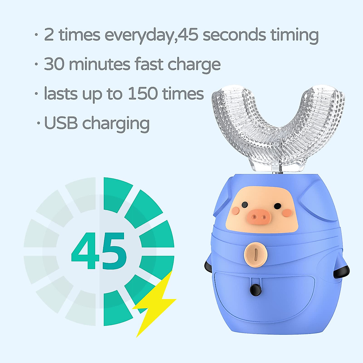 ZZCC Ultrasonic Kids Electric Toothbrush, New U Shape Kid Type Whitening IPX7 Waterproof, 3 Gear Speed, 3-12 Years(Blue-Mini Pig)