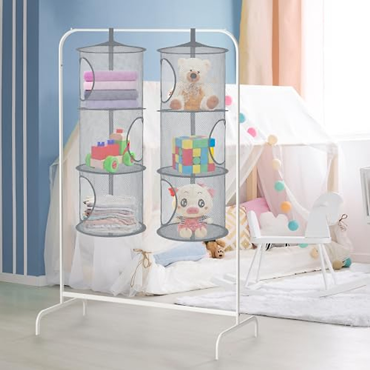 Libeder Mesh Hanging Storage Space Saver Bags Organizer,Foldable Storage Organizer 3/4/5 Compartments Toy Storage Basket for Kids Room Bathroom 2 Sets Grey