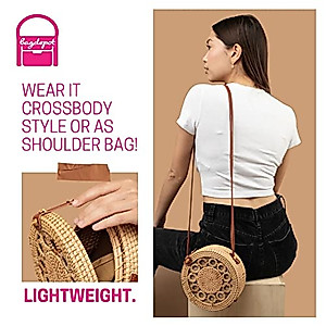 BAGDEPOT Round Rattan Bag With Shoulder Leather Strap. Made from Natural Rattan (Sunrise)