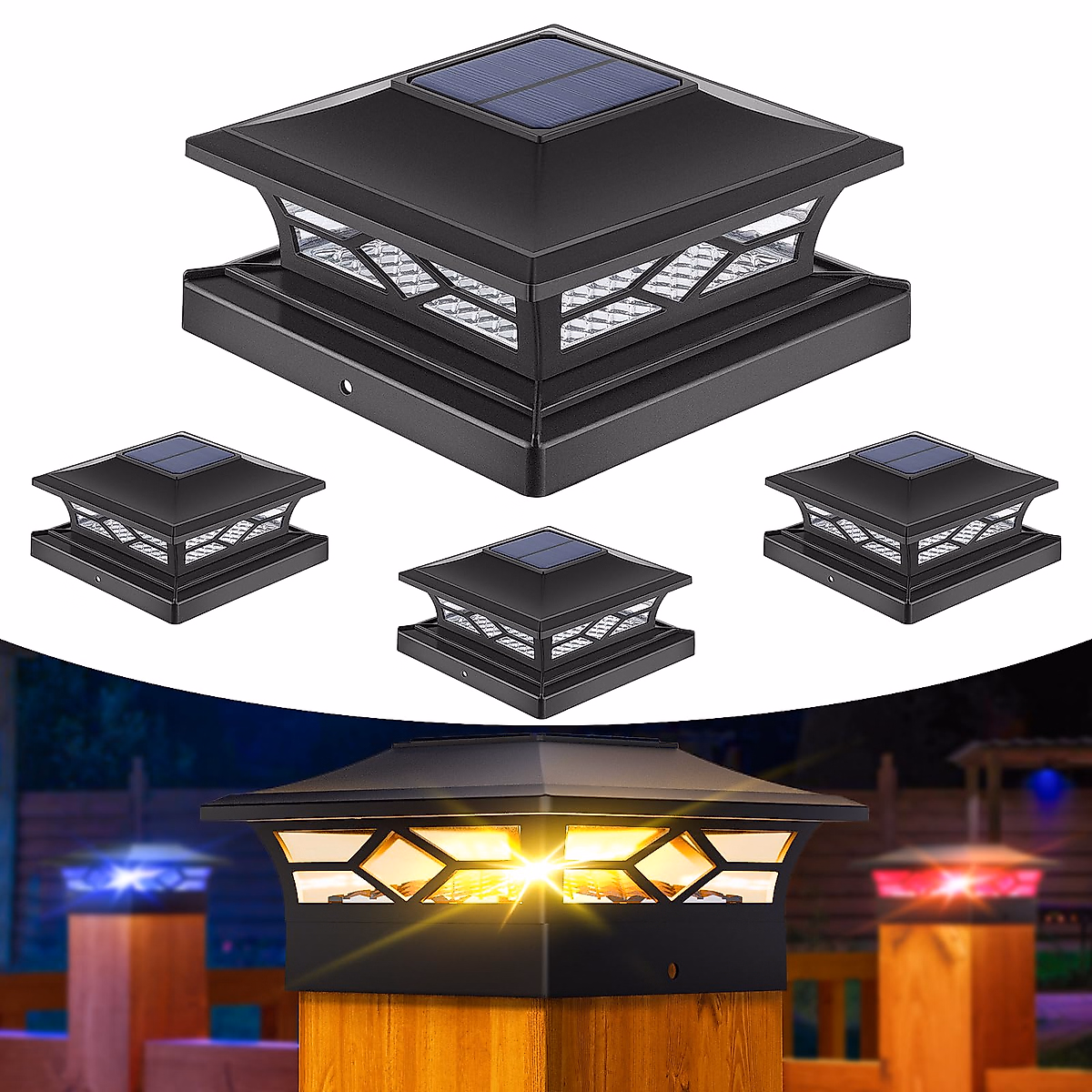 APONUO Solar Post Cap Lights Color Changing,4x4 Post Solar Lights 8 Fixable Colors Deck Post Lights Solar Powered Outdoor for Fence Deck Post Caps 4x4 6x6 Wood&4X4 Vinyl,Black,4 Pack