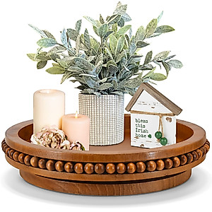 Farmhouse Lazy Susan Organizer,Decorative Tray Riser,Lazy Susan for Table, Counter Lazy Susan Turntable Organizer with Beads,360 Degrees Rotating Display Stand for Spice Racks,Centerpiece Tray,Brown