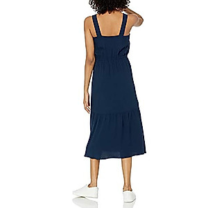 Amazon Essentials Women's Fluid Twill Tiered Fit and Flare Dress, Navy, Large