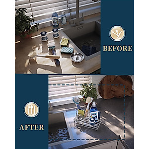 Consumest Sink Caddy, 5-in-1 Sponge Holder Kitchen Sink Caddy Organizer with Removable Drain Tray for Countertop, 304 Stainless Steel Soap Sponge and Dish Brush Holder - Silver (8.43×4.49×4.49 inches)