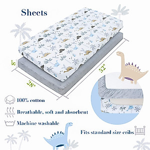 Dinosaur Crib Bedding Set for Boys, Crib Set for Boys includes - Dino Blanket, 2 Fitted Sheets, Pillowcase, Crib Skirt, Nursery Organizer - Dino Theme, Blue-White, 6 Piece boy crib bedding set