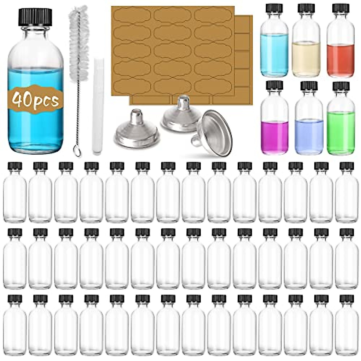 40 Pack, 2 oz Small Glass Bottles with Airtight Lids, 60 ml Empty Clear Sample Boston Bottle/Vials/Containers for Juice, Ginger Shots, Potion, Oils, Liquids - 90 Sticky Labels, Brush, 3Funnels