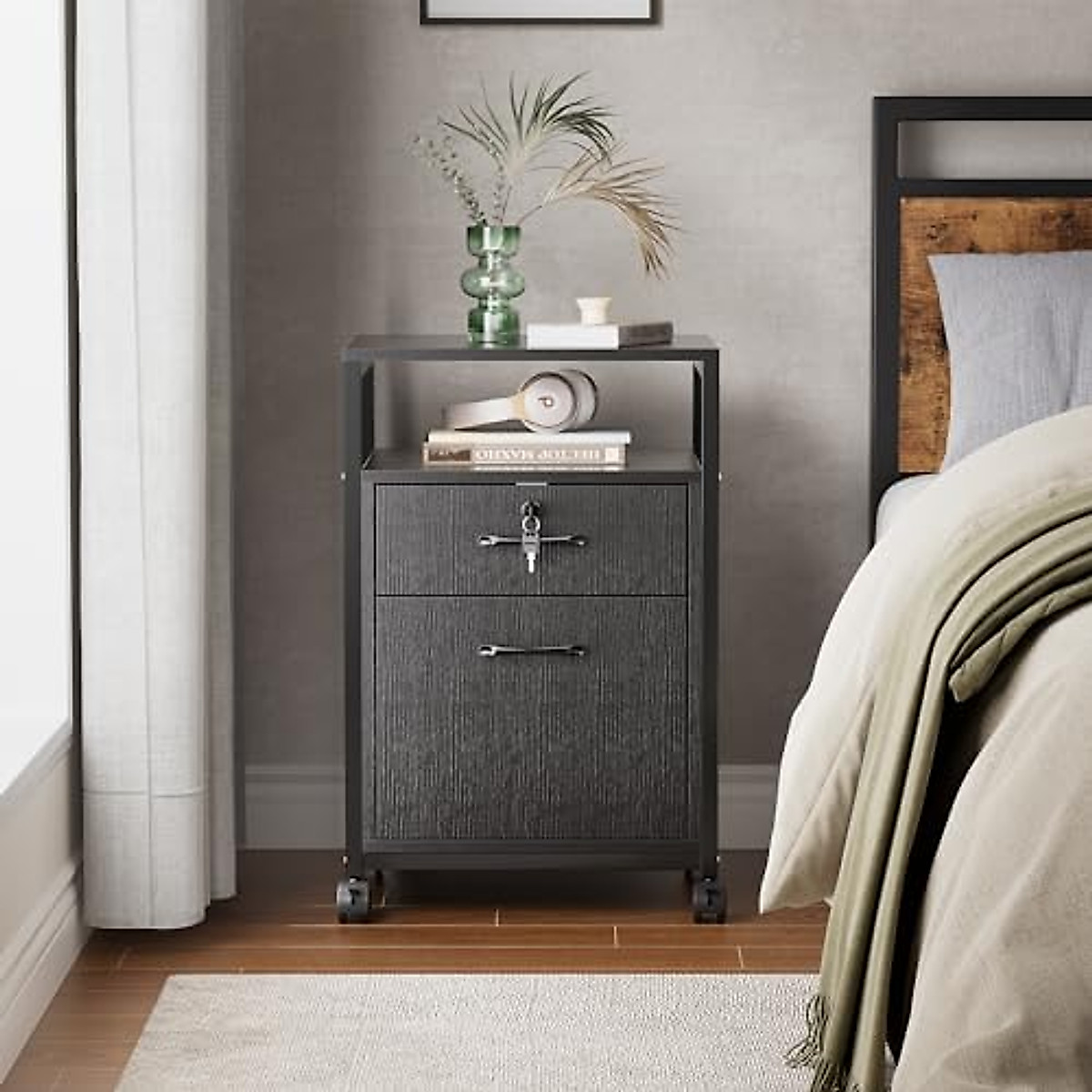 Warmiehomy File Cabinet with Lock 2 Drawer Rolling Filing Cabinet with Open Shelf Locking File Cabinet on Wheels Wood File Cabinet for Home Office fits A4/Letter/Legal Size (Black)