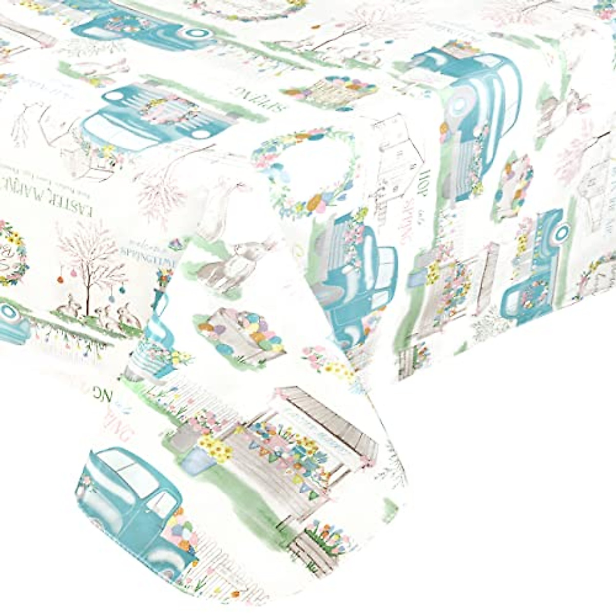 Newbridge Nostalgic Easter Market Farm Truck Vinyl Flannel Backed Tablecloth - Spring Flower Market, Bunny and Egg Print Indoor/Outdoor Easy Care Vinyl Tablecloth, 52” x 70” Oblong/Rectangle
