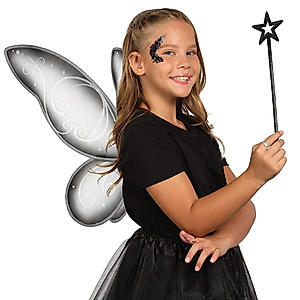 Funcredible Fairy Costume Accessories - Black Fairy Wings and Fairy Star Wand, Glitter - Tooth Fairy Cosplay Outfit for Women and Girls