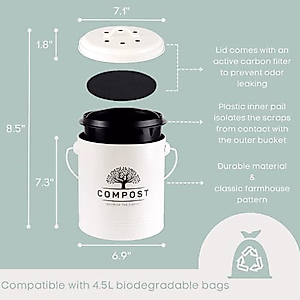 Perfnique Kitchen Compost Bin, 1.3 Gallon Countertop Compost Bin with Lid, Indoor Compost Bucket Includes Inner Bucket Liner and Carbon Filter, Small Compost Bin
